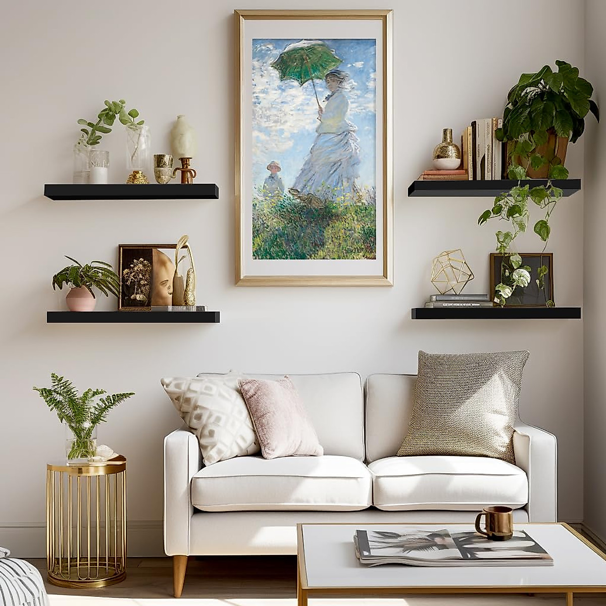 LaVie Home Floating Shelves, 15.6 Inch Wall Shelf Set of 3, Hanging Shelf with Invisible Brackets, Wall Decor for Bathroom, Bedroom, Living Room, Kitchen Storage, Classic Black