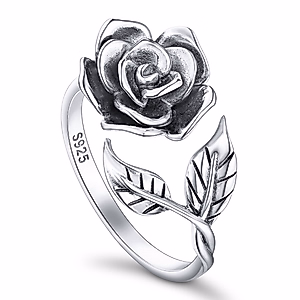 Alphm S925 Sterling Silver Adjustable Wrap Open Rings Rose Flower Floral Ring for Women Purity