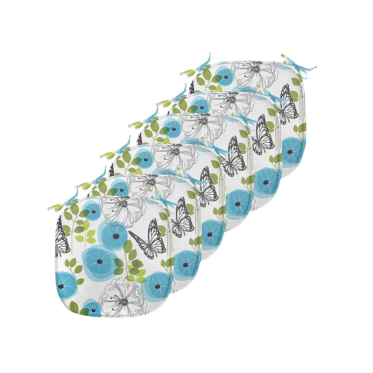 Lunarable Pale Blue Chair Seating Cushion Set of 6, Blue Poppies Butterfly Branches Leaves Botany Garden Nature Concept, Anti-Slip Seat Padding for Kitchen & Patio, 16"x16", Pale Blue Green White