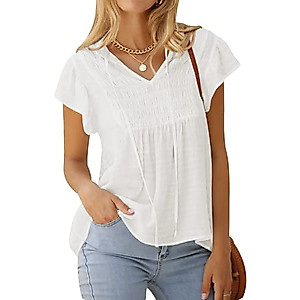 DEEP SELF Womens White Smocked Tunic Tops Dressy Casual Ruffle Short Sleeve Blouse Drawstring V Neck Shirts for Vacation Spring