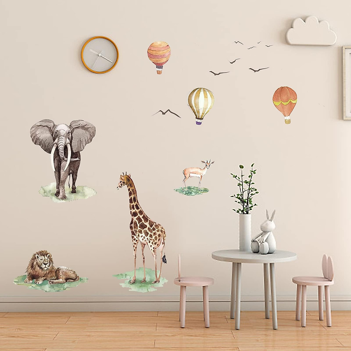 PLIGREAT Hot Air Balloons Giraffe Deer Elephant Lion Wall Stickers Removable Vinyl Peel and Stick Wall Decals for Nursery Bedroom Livinig Room Playroom Wall Decoration Home Indoor DIY Wall Art Decor