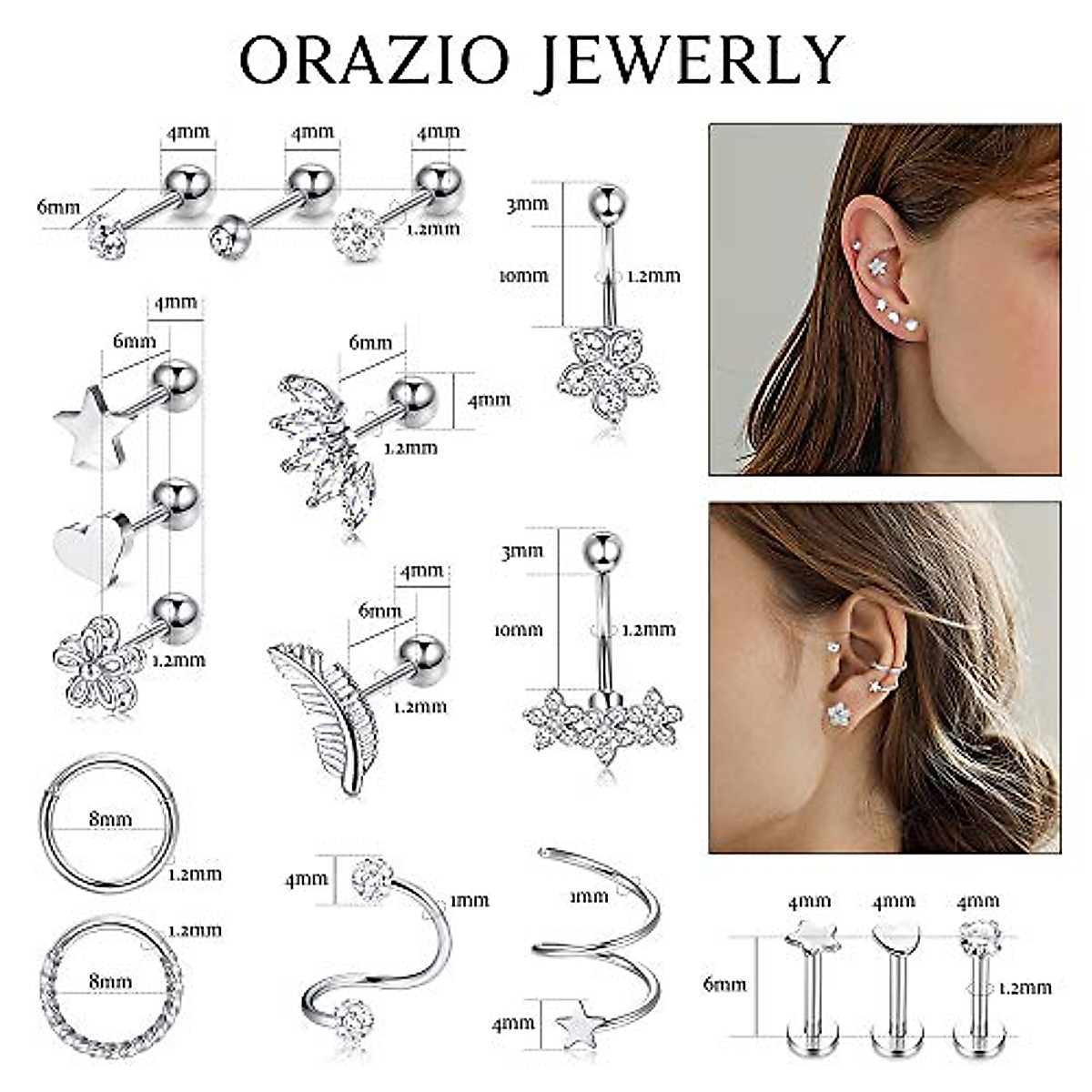 ORAZIO 17Pcs Cartilage Earrings For Women Surgical Steel Tragus Helix Daith Rook Conch Piercing Jewelry 16G Earrings