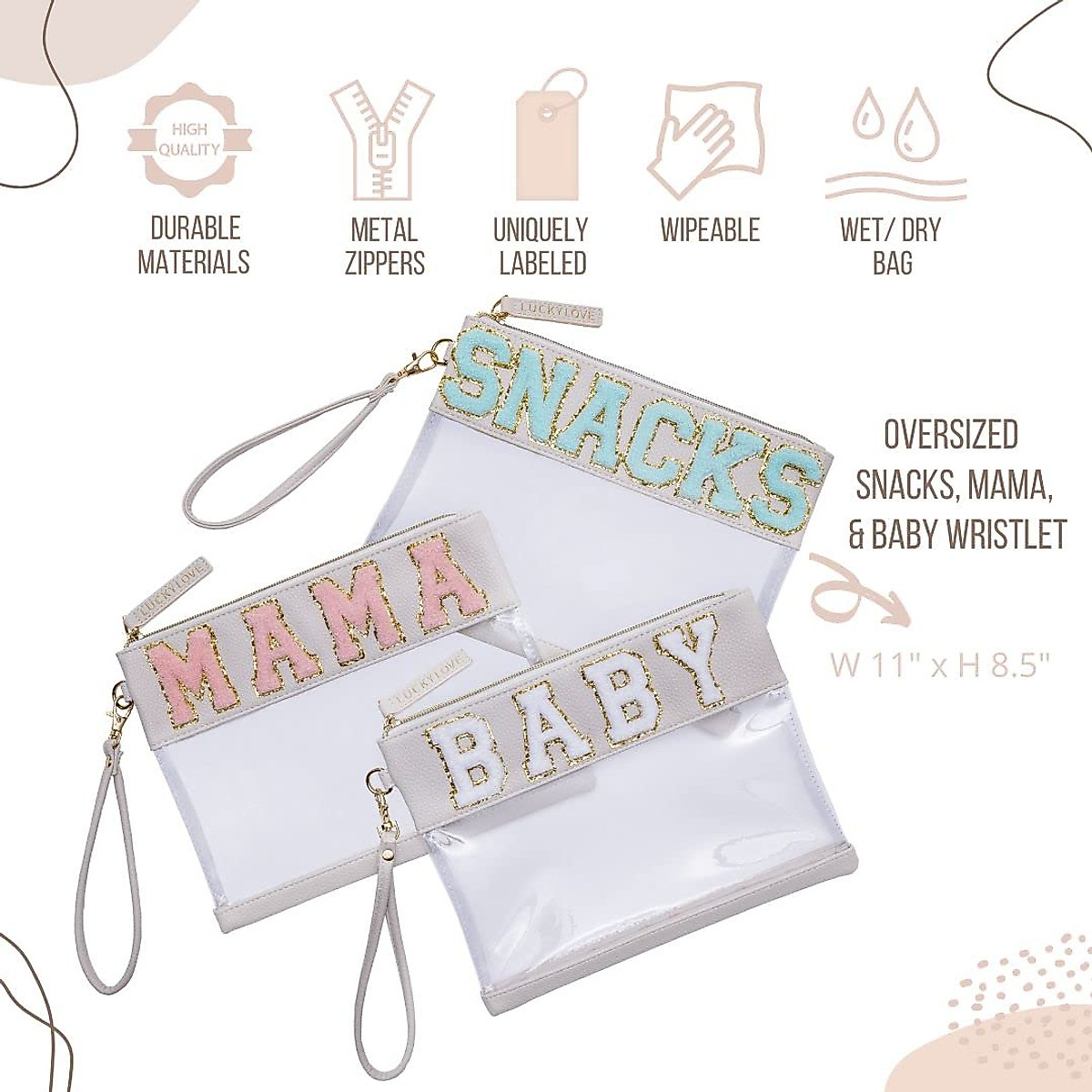 Lucky Love Diaper Bag Organizing Pouches | Set of 3 Including Diaper Clutch | Dry Wet Bag (Chenille Letter Pouches)