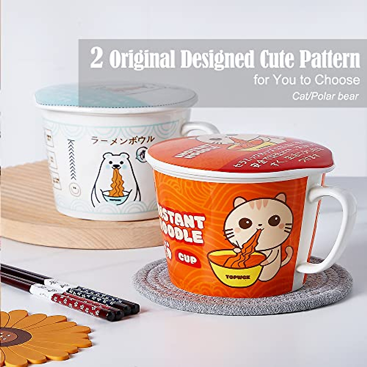 TOPWCK 34oz Large Microwavable Ceramic Ramen Bowl with Lid, Handle, Chopsticks, Cute Anime Japanese Instant Noodle Cooker Soup Bowl, Gift for Teens Kids (Cat)