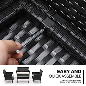 MoNiBloom 4 Pieces Patio Furniture Sets, Non Slip Foot Pads Wicker Rattan Sofa Chair with Soft Cushions and Sturdy Coffee Table for Backyard Porch Garden Poolside Balcony, Capacity 250 lbs, Black