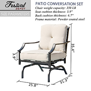 Festival Depot Patio Set of 2 Metal Dining Chairs with Thick Cushions Outdoor Furniture for Bistro Deck Garden (Beige)