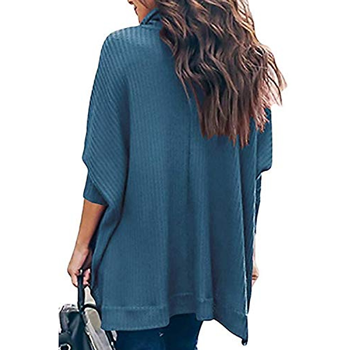 ASHER FASHION Women's Cowl Neck Long Sleeve Waffle Knit Top Pullover Sweater Navy Blue M