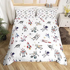 Kids Robot Duvet Cover Set Queen Size,UFO Spaceship Astronauts Bedding Set for Boys Girls Child Room Decor,Cute Aircraft Stars Print Comforter Cover Space Adventure White Quilt Cover,2 Pillowcases
