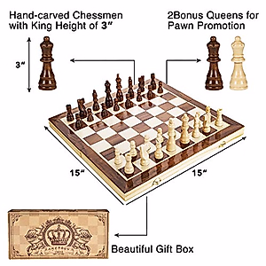 AMEROUS 15 Inches Magnetic Wooden Chess Set - 2 Extra Queens - Folding Board, Handmade Portable Travel Chess Board Game Sets with Game Pieces Storage Slots - Beginner Chess Set for Kids, Adults