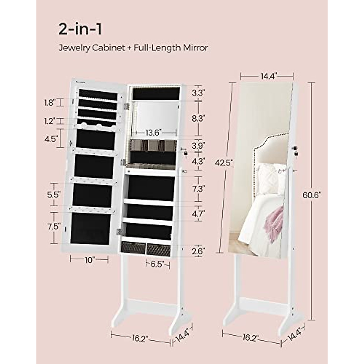 SONGMICS Mirror Jewelry Cabinet Standing Armoire Organizer, Jewelry Storage with Full-Length Frameless LED Lights, Built-in Makeup Mirror, 2 Drawers, Lockable, White UJJC023W01