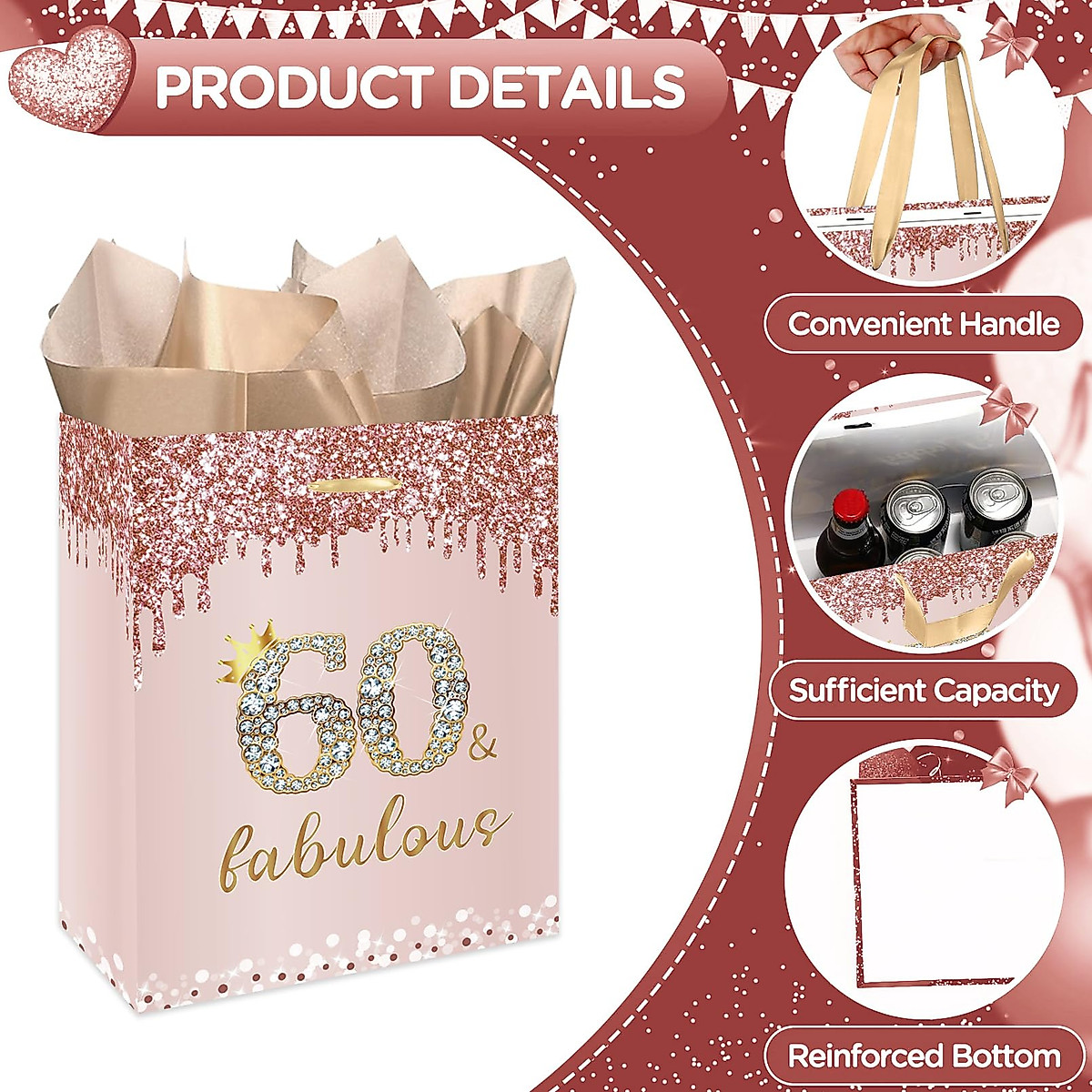GOLDCROW Rose Gold 60th Birthday Gift Bag for Women with Handles Large Pink Happy 60th Birthday Gift Bag with 60th Birthday Wrapping Paper and Card for 60th Birthday Decorations Party Supplies