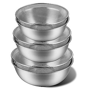 6 pcs Stainless Steel Colander Set with 1.2Qt 2Qt and 3Qt Capacity,Stainless Steel Strainer with Metal Mixing Bowls,Colander Stainless Steel for Kitchen Drain Pasta Rice Fruit Vegetable Washing,Silver