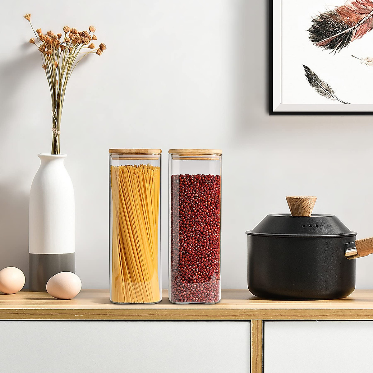 ComSaf Glass Spaghetti Pasta Storage Containers with Lids 74oz Set of 3, Tall Clear Airtight Food Storage Jar with Bamboo Lid for Noodles Flour Cereal Sugar Beans, Sqaure Spaghetti Pantry Container