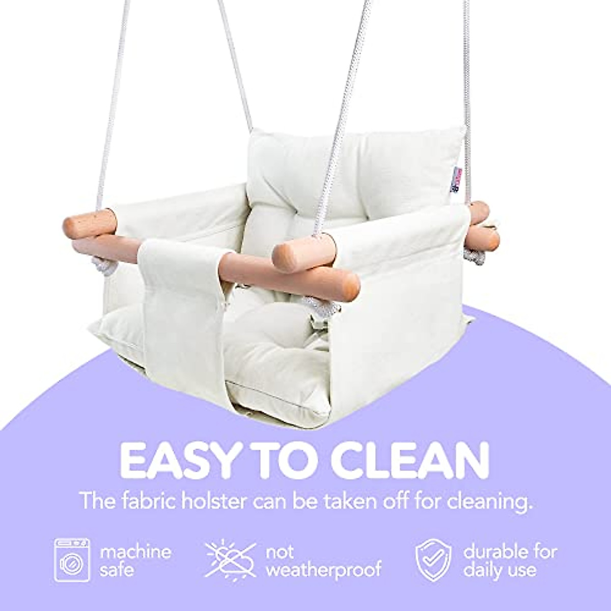 CaTeam - Canvas Baby Swing, Wooden Hanging Swing Seat Chair with Safety Belt, Durable Baby Swing Chair, Outdoor and Indoor Swing for Kids, Mounting Hardware Included, Ivory