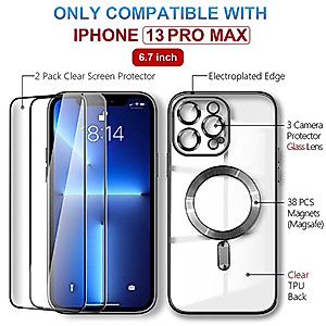 DINGKUAKE for iPhone 13 Pro Max Case Magsafe, Magnetic Clear Phone Case with Screen Protector and Camera Cover, Transparent Electroplated Case for Women/Girl/Men (Black)