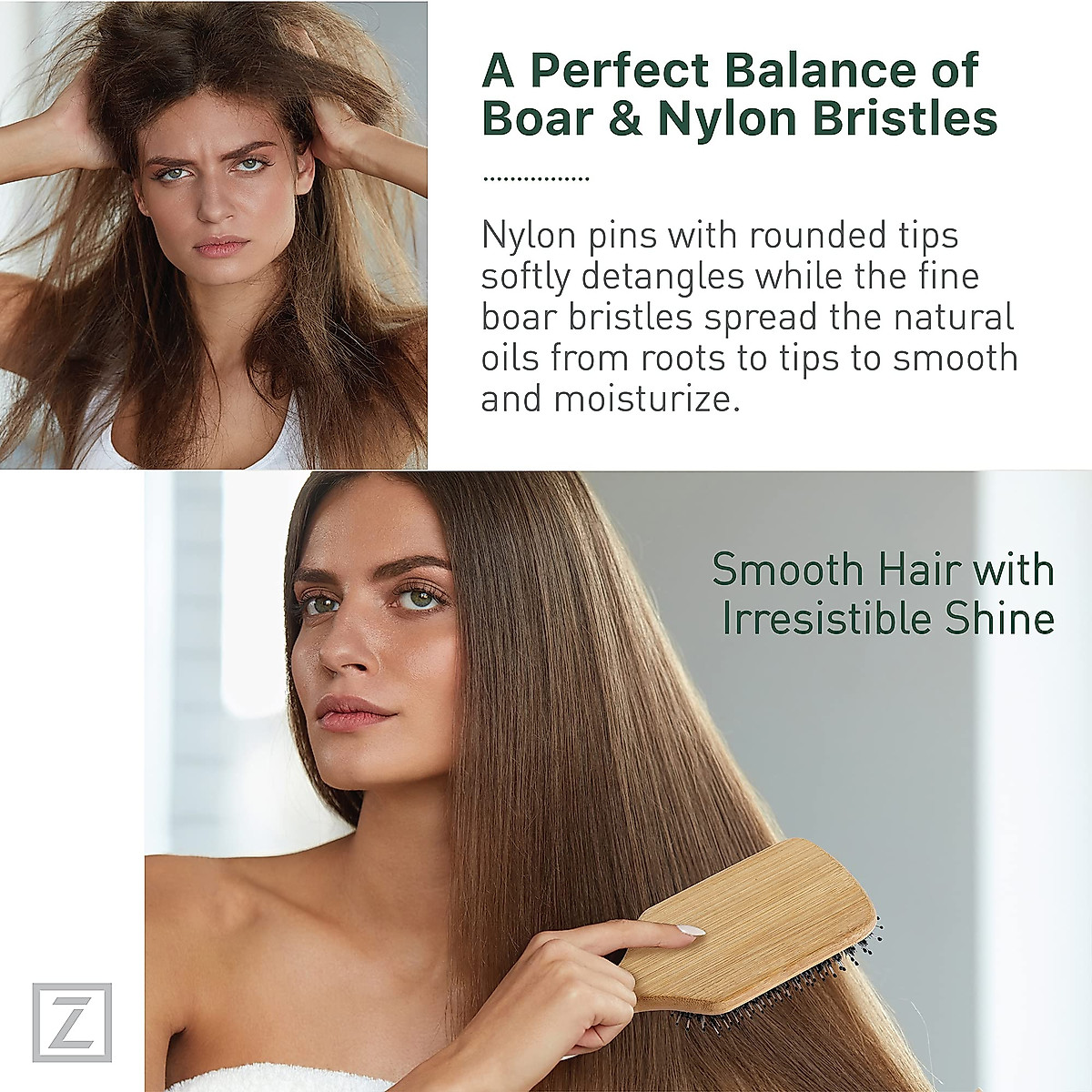 Natural Boar Bristle Hair Brush for Women, Men, Kids; Dry and Wet Detangling Hair Brush Gently Enhances Shine, Smooths Frizz and Prevents Breakage in Fine and Straight, Thick and Curly Hair (paddle)
