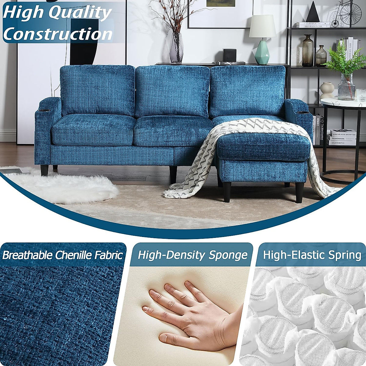 YiMiYom 77" Convertible Sectional Sofa, Small L Shaped Sofa Couch with Storage Ottoman, Cup Holder and Magazine Bags, Chenille Fabric 3 Seat Sofa for Living Room, Apartment, Bedroom, Small Space, Blue