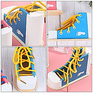 NUOBESTY Learn to Tie Shoes Wooden Lacing Shoe Toy Shoelaces Tying Toy Teaching Kit for Kids, Blue