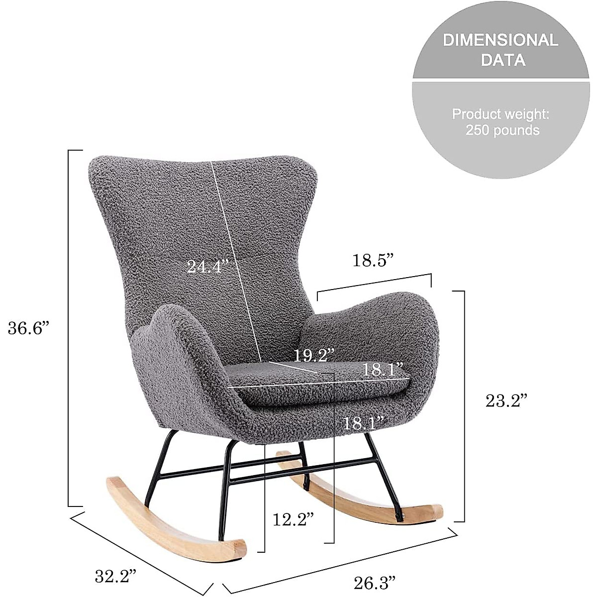 Qtivii Modern Rocking Chair, Comfy Uplostered Accent Chair with High Backrest and Armrests, Rocker Glider Chair for Nursery(Grey)