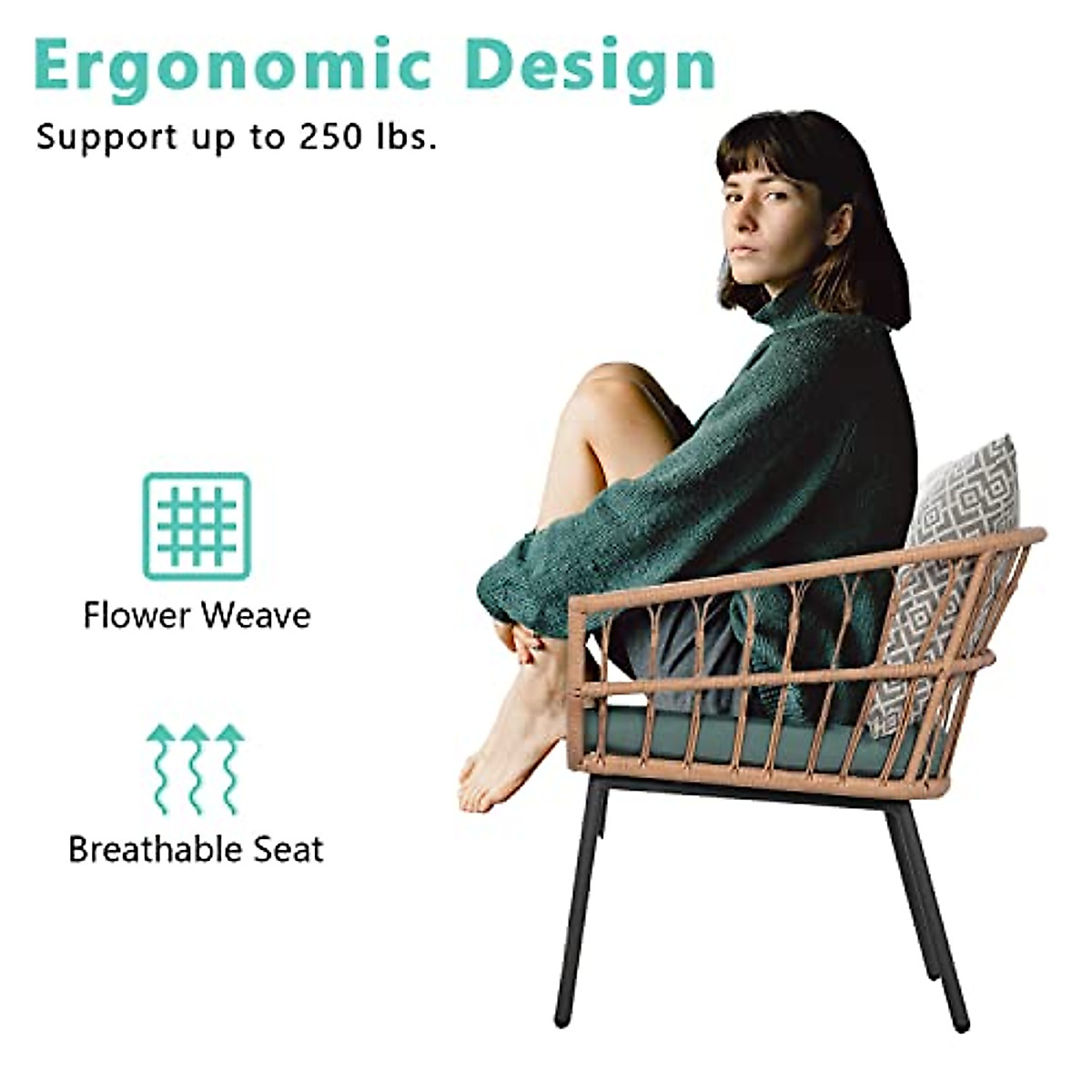 wOod-it 3 Piece Patio Furniture Outdoor Conversation Bistro Set with Tempered Coffee Table and Wicker Chairs for Garden Balcony Backyard Yard Poolside (Green)