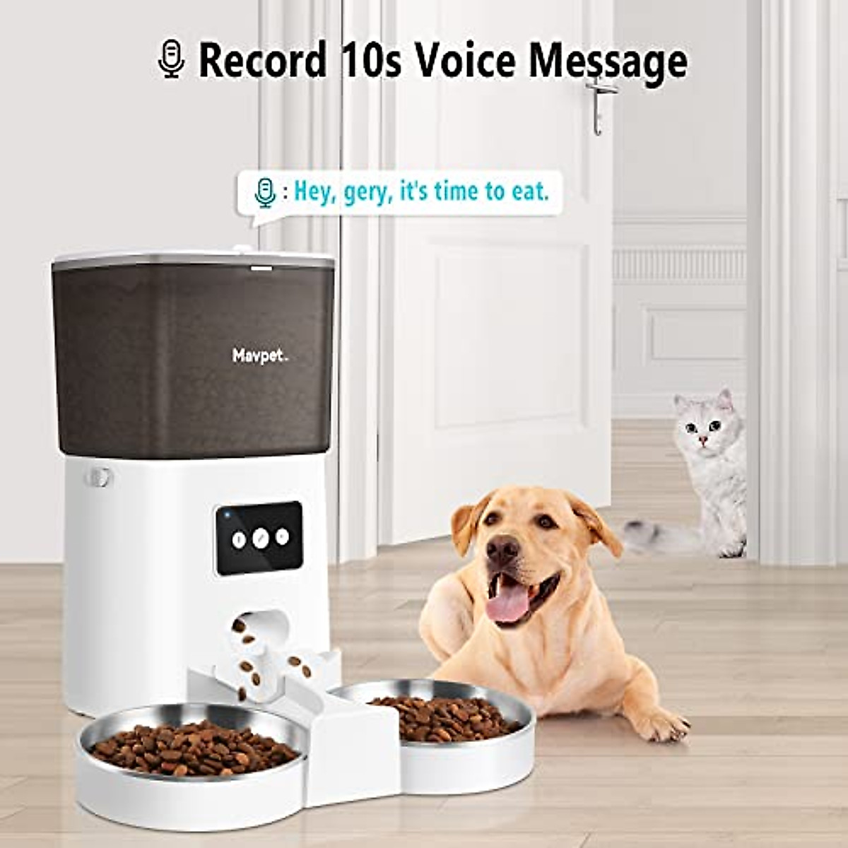 Mavpet 6L Automatic Cat Feeder, 2.4G WiFi Smart Dry Food Dispenser, Detachable Pet Feeder with Two Stainless Steel Bowls & Meal Splitter, APP Control, 10s Voice Recording, Up to 15 Meals Per Day