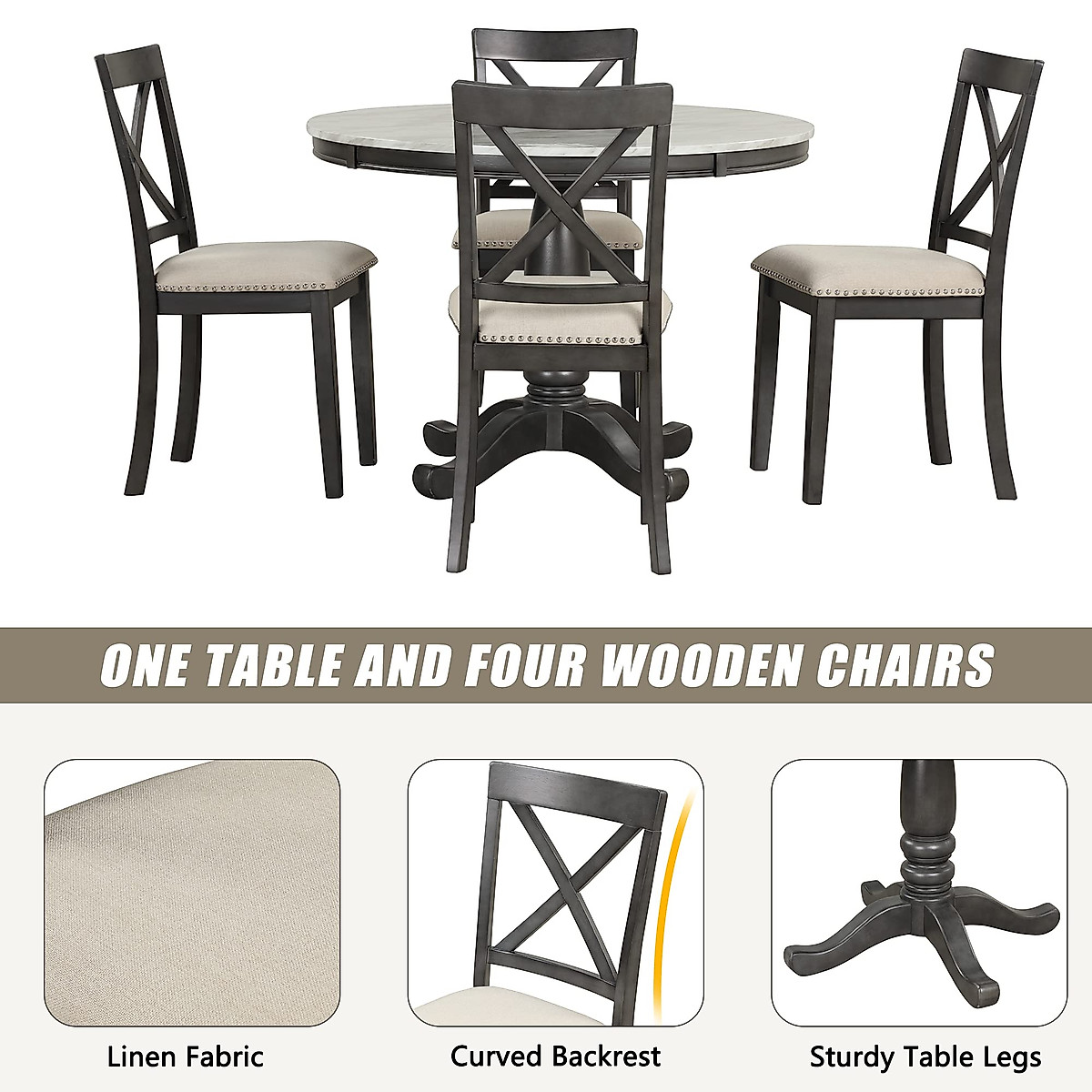 Modern 5-Piece Round Table and Chairs Set for 4 Persons, Solid Wood Dining Table Set with 4 Dining Chairs, Marble Veneer Kitchen Table Sets for Small Space Dining Room (Gray+Marble Veneer Table)