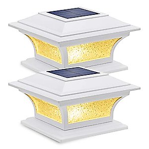 SIEDiNLAR Solar Post Lights Outdoor Glass LED Fence Cap Light 2 Modes for 4x4 5x5 6x6 Posts Patio Deck Garden Decoration Warm White/Cool White Lighting White (2 Pack)