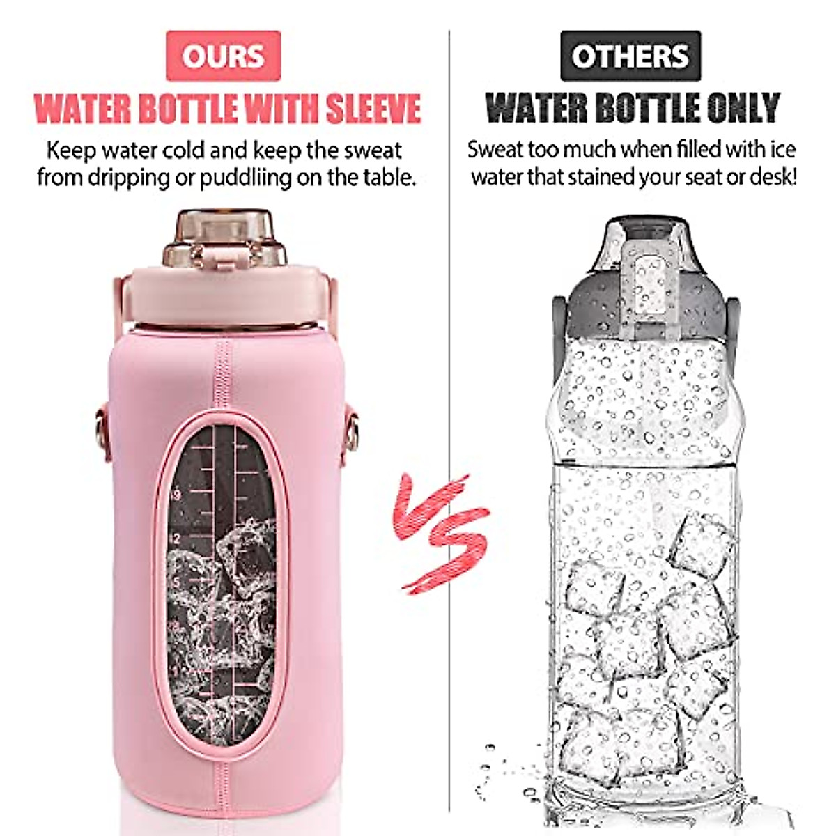 Half Gallon Water Bottle With Sleeve 70oz (2L) Inspirational Water Bottle With Straw and Time Stamp, Drinkable Leak-Proof Tritan BPA-Free Bottle, Large Water Jug for Daily Hydration, Sports Bottles