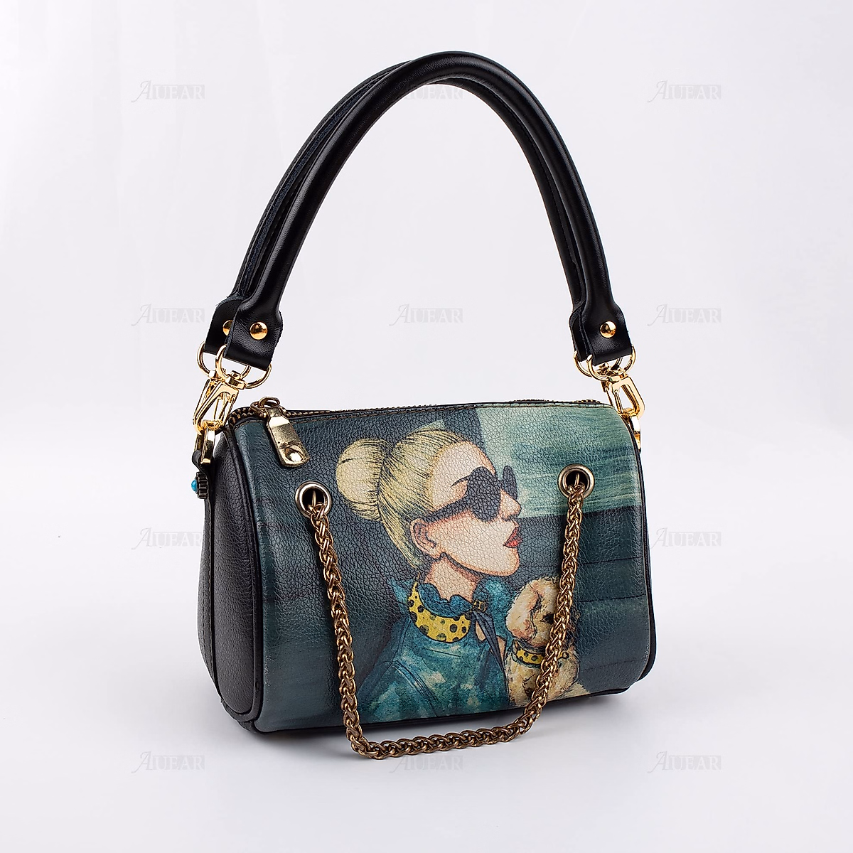 AUEAR, Leather Replacement Handles Purses Straps Black Handbag Strap with Gold Lobster Buckles for Small Handmade Straw Bag (15.7 Inches, Style A, 2 Pack)