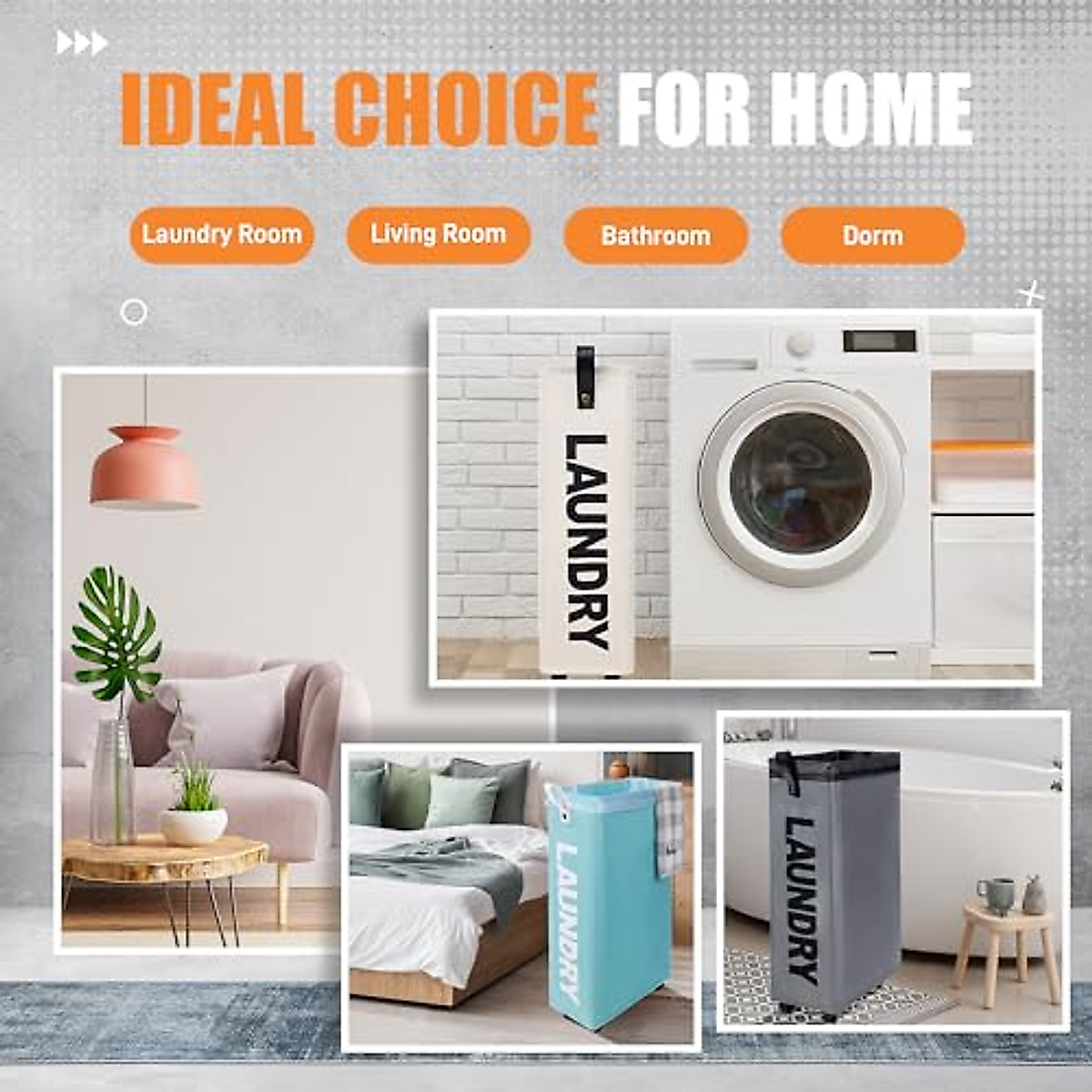 Caroeas X-Large Slim Laundry Baskets 27" Tall with Leather Handle (7 Colors), Laundry Basket on Wheels, Collapsible Laundry Hamper, Rolling Hamper Dorm Baskets