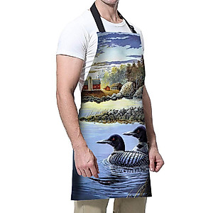SSOIU Duck Cooking Apron, Art Desgin Loon Lake Wild Duck Couple Kitchen Apron For Baking/BBQ Men Women Unisex Waterproof 31X27 Inches