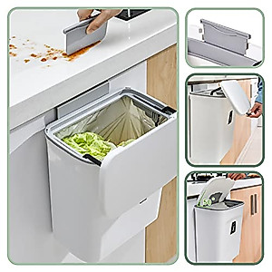 PILITO Kitchen Cabinet Door Hanging Trash Can with Lid, 2.4 Gal, Small Under Sink Garbage Can for Restroom, Bathroom, RV Kitchen Trash Bin, Wall Mounted Counter Waste Compost Bin, Plastic (Grey)