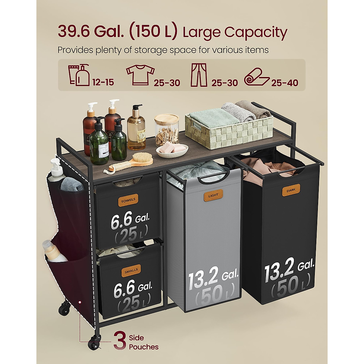 VASAGLE Laundry Hamper with 4 Compartments, 39.6 Gal. (150 L) Laundry Sorter, Rolling Laundry Cart with Shelves, Small Side Pockets, 6 Labels, Chestnut Brown, Ink Black and Dove Gray UBLH203B01