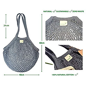 Reusable Grocery Net Bags, Cotton Mesh Tote, Farmer's Market Bags for Fruits and Vegetables, String Shopping Organizer, Storage Bag with Long Handles, 2 Packs (Beige, Gray)