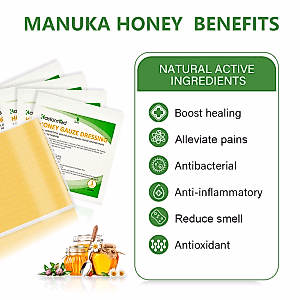 Kastormed Honey Gauze Dressing, Manuka Honey Wound Care, Medical Grade Honey Patches for Faster Wound Care, Burn Dressing, Sterile 4'' x 4'' (Pack of 10)