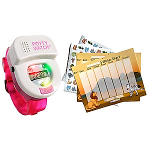 Potty Time: Pink Watch & Sticker Set | Water Resistant, Toilet Training Aid, Warranty Included. (Automatic Timers Plays Music & Flashing Lights for Fun Reminders), Pink + Savanna Sticker Chart Kit