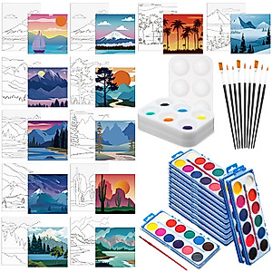 Ctosree 12 Pack Pre Drawn Canvas Kit 12 Pcs Pre Printed Canvas Afro Queen Cute Canvas Painting Set 12 Watercolor Paint Sets 12 Brushes 12 Pallet for Kids Adults DIY Paint (Landscape,8 x 10 in)
