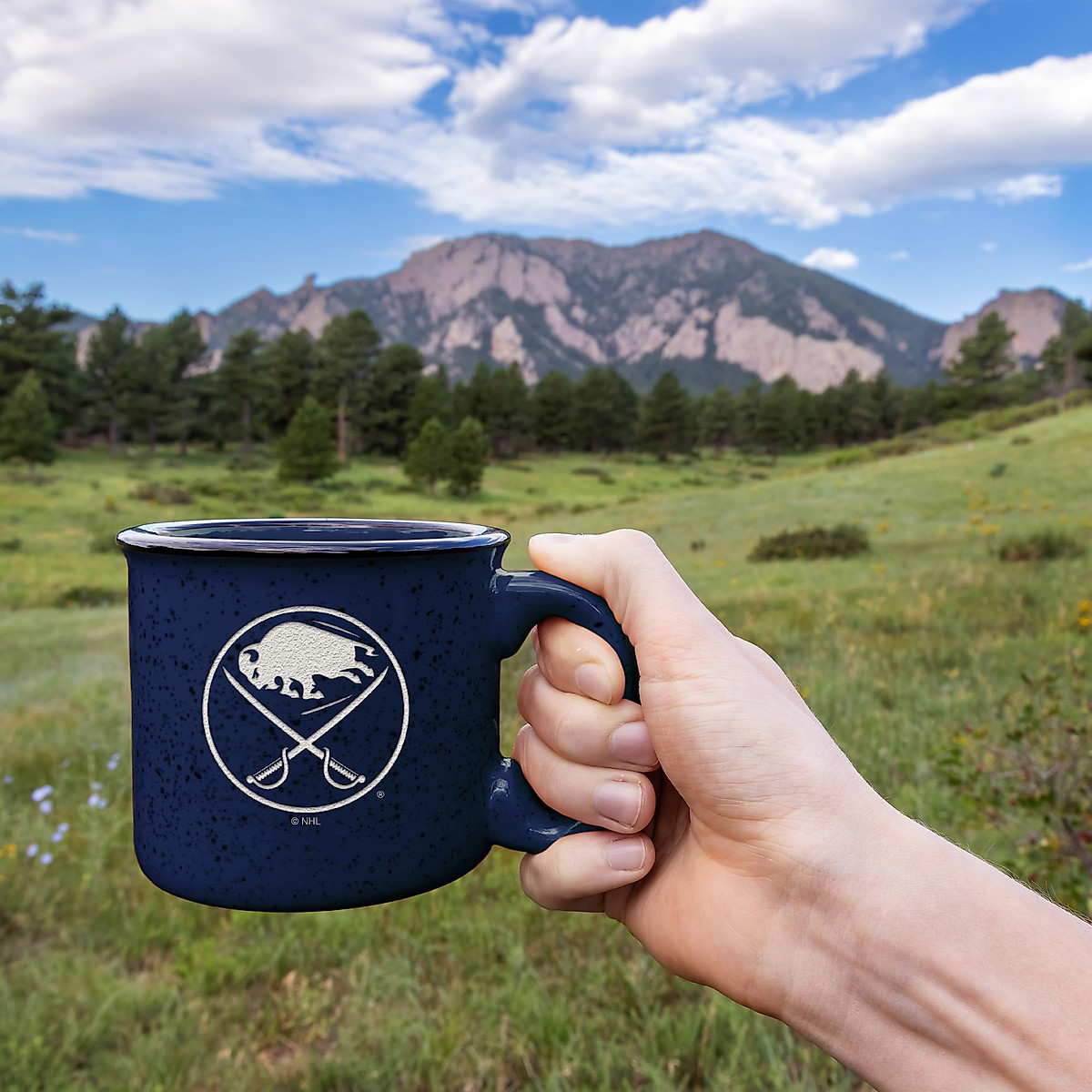 Rico Industries NHL Hockey Buffalo Sabres Navy Speckle 12oz Laser Engraved Campfire Mug
