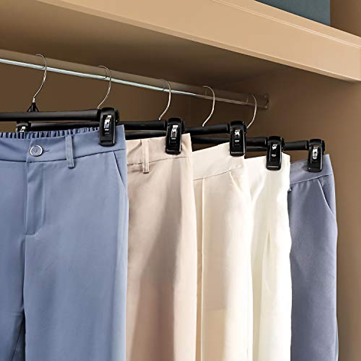 HOUSE DAY Pants Hangers 100 Pcs 12inch Black Plastic Skirt Hangers with Non-Slip Big Clips and 360 Swivel Hook, Durable Sturdy Plastic, Space-Saving Shape, Elegant for Closet Organizing