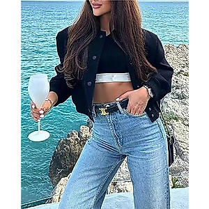 hathne Women's Cropped Bomber Jacket Button Up Casual Streetwear Bomber Jacket Coat with Pocket(L black)