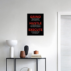 Motivational Canvas Wall Art Grind Hustle Execute Painting Office Decor Posters Prints Inspirational Entrepreneur Quotes Picture for Wall Decor Living room Gym Framed Ready to Hang[18"W x 24"H]