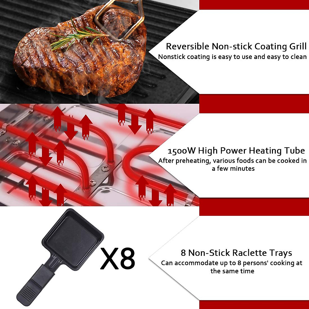 CUSIMAX Raclette Grill Electric Grill Table Portable 2 in 1 Korean BBQ Grill Indoor & Cheese Raclette, Reversible Non-stick plate, Crepe Maker with Adjustable temperature control and 8 Paddles