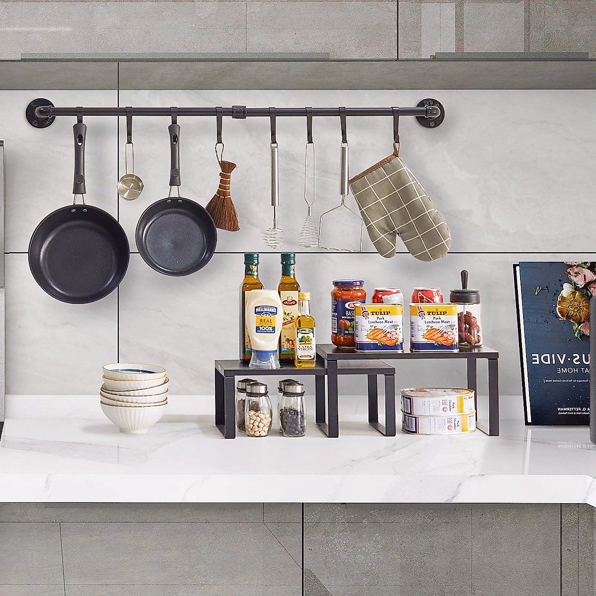 YMYNY Pot Rack Wall Mounted, 35.4" in Kitchen Utensils Hanging Rack Rail, Cookerware Storage Organizer, Coffee Mug Holder, for Kitchen, Entryway, Bathroom, Balcony, with 8 S-Hooks, HPR002H