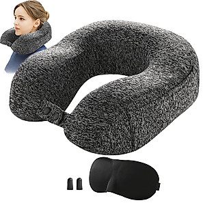Truwelby Travel Pillow, Neck Pillow Memory Foam Neck Pillow for Travel, Airplane Travel Kit with 3D Contoured Eye Cover Earplugs Standard Airplane Pillow Cooling Travel Head Support Pillow