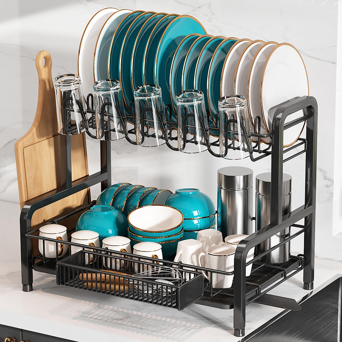 romision 2 Tier Dish Drying Rack, Large Dish Racks and Drainboard Set with Utensil Holder, Dish Drainer for Kitchen Counter, Black