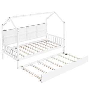 Wood Twin Bed w/ Trundle, Open Shelf & Roof for Boys Girls, House Bed w/ Trundle Bookcase & Wood Support Slats, No Box Spring Needed, Boys Girls Twin House Bed w/ Shelf Bookcase for 2 Kids Bedroom