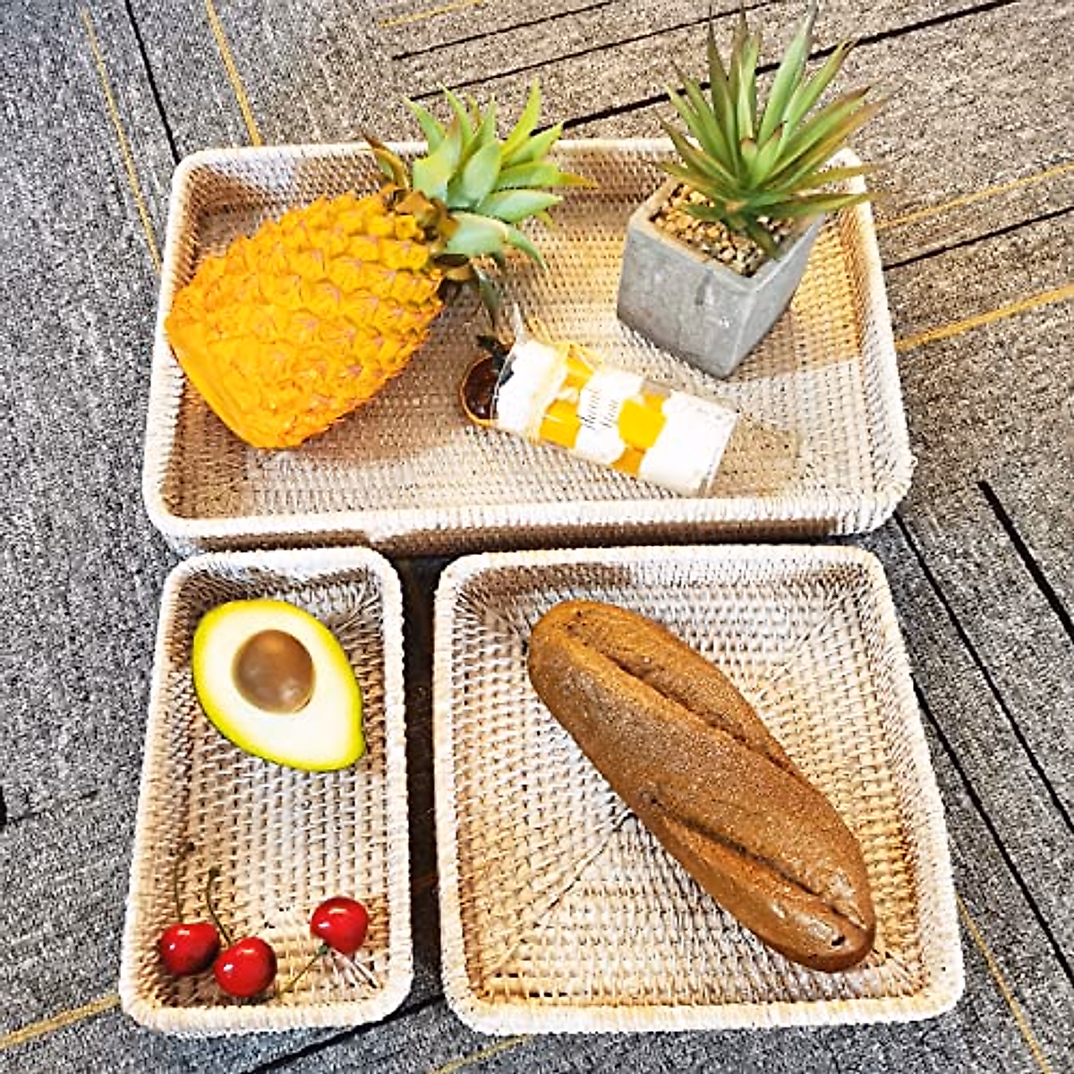 Set of 3 Handmade White Rattan Rectangle Serving Tray Washed White Wicker Serving Organizer Tabletop Fruit Platter with 2”Wall 14 Inch Decorative Bread Drinks Snack Storage Serving Basket Tray