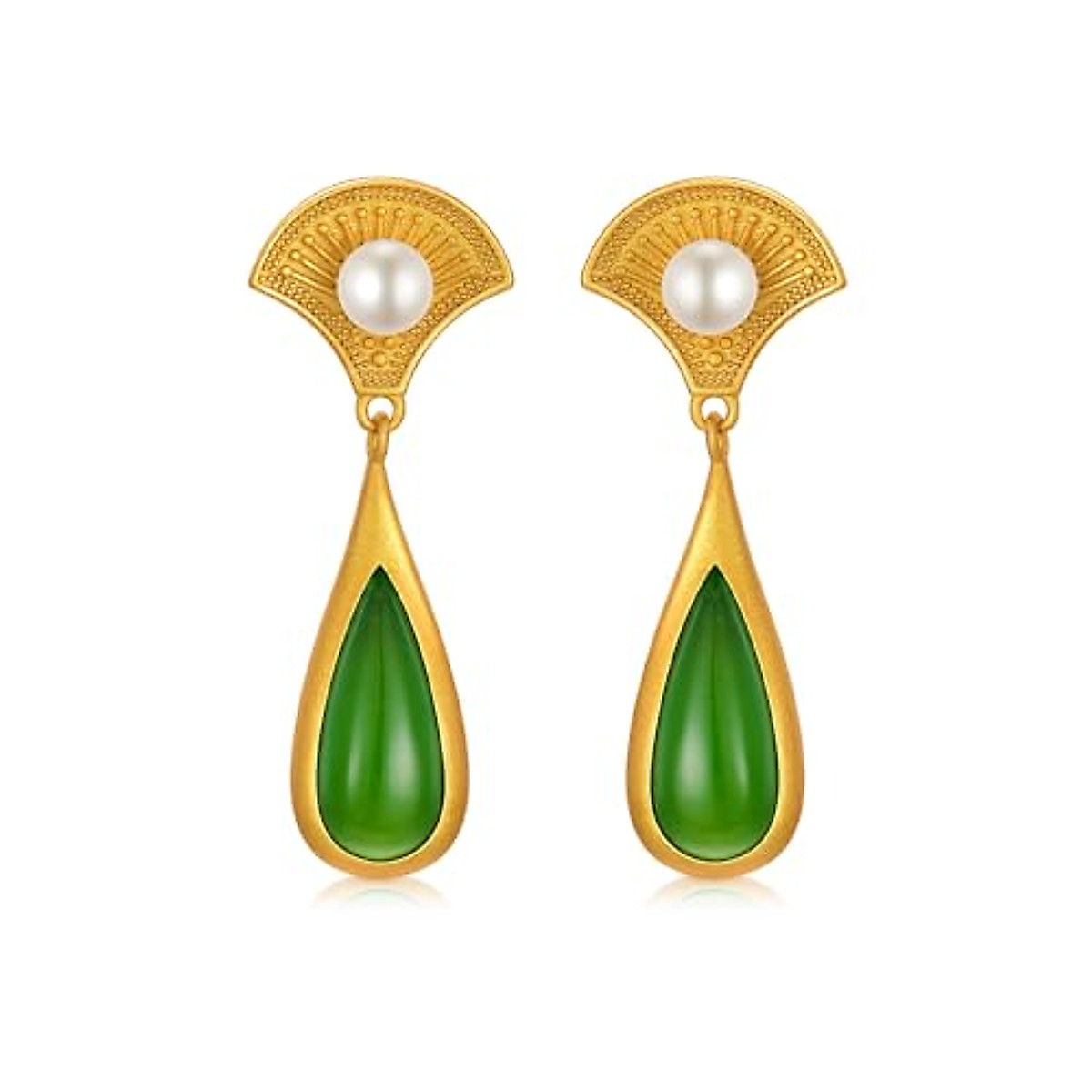 BETHZA Green Jade Earrings 925 Sterling Silver Gold Plated Teardrop Jade Dangle Earring Chinese Style Fan Drop Earring Jewelry Gifts for Women
