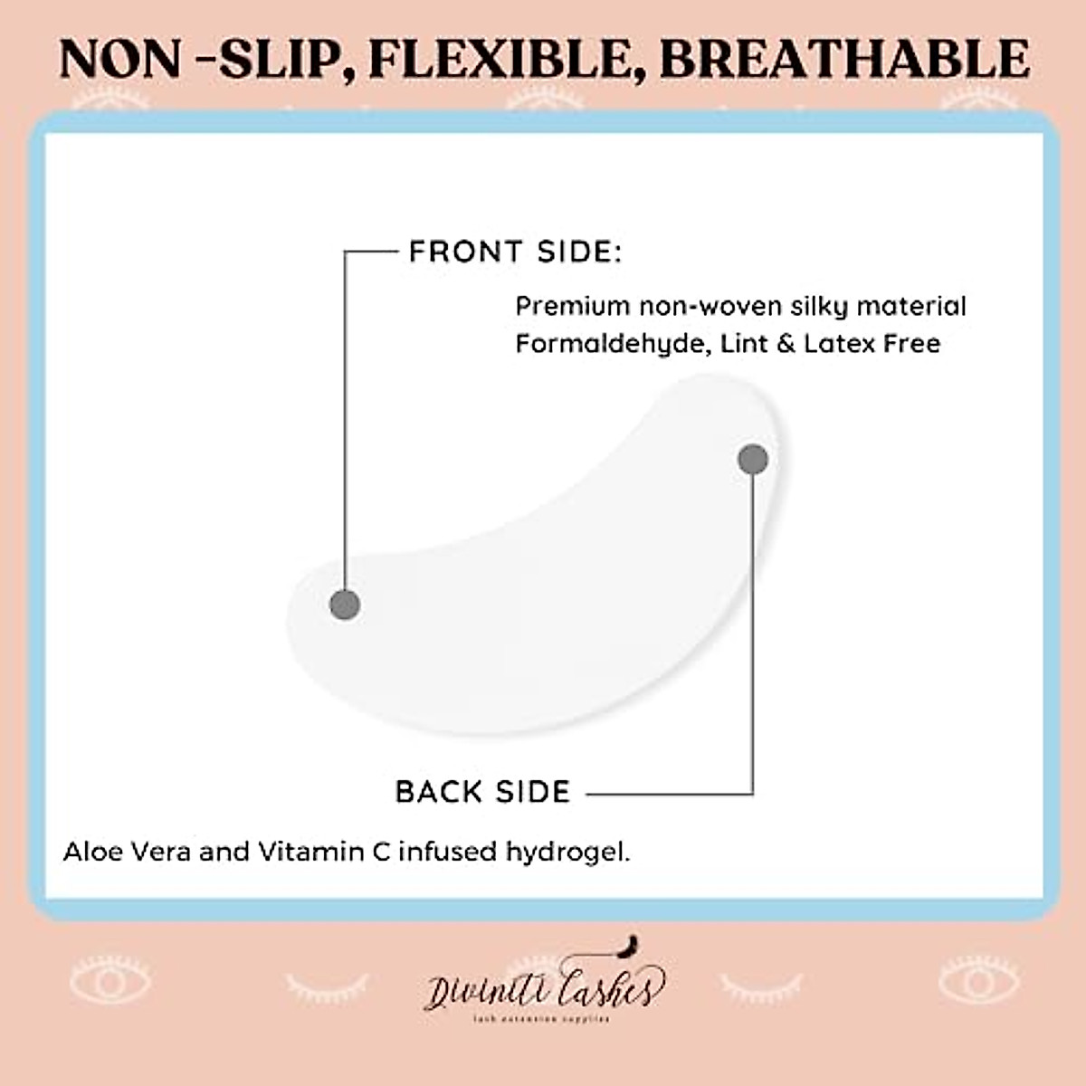 DiviniTi Under Eye Gel Pads - Lint Free Gel Eye Pads for Lash Extensions with Aloe Vera Hydrogel Eye Patches, Eyelash Extension Supplies & Beauty Tools, Fit Most Eye Shape, Stick Well - Under Eye Pads