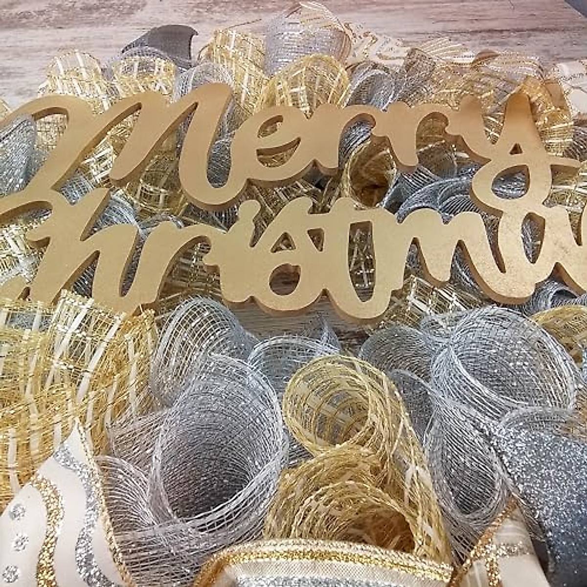 Silver Gold Ivory Christmas Wreath - Traditional Mesh Holiday Door Decor - Gold Ivory Cream TB7